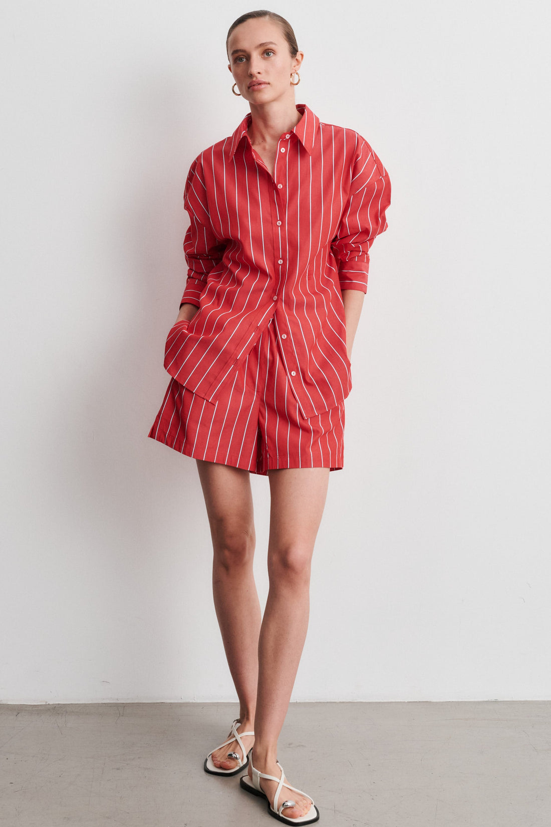 Chemise Kaia - popeline de coton à rayures rouges | SESSEI